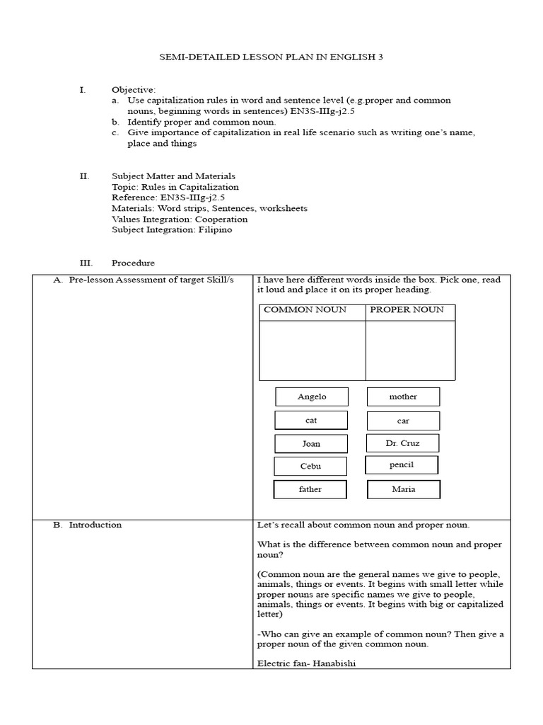 LESSON PLAN IN ENGLISH 3 | PDF | Noun | Lesson Plan