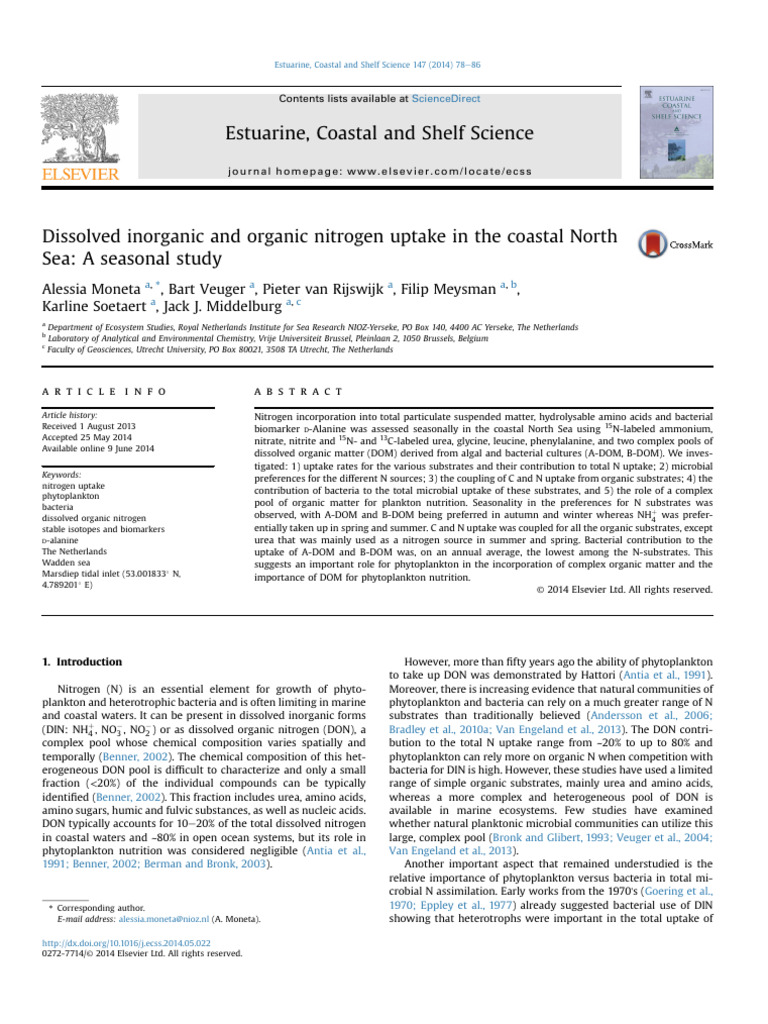 Dissolved Inorganic and Organic Nitrogen Uptake in The Coastal North | PDF | Phytoplankton ...