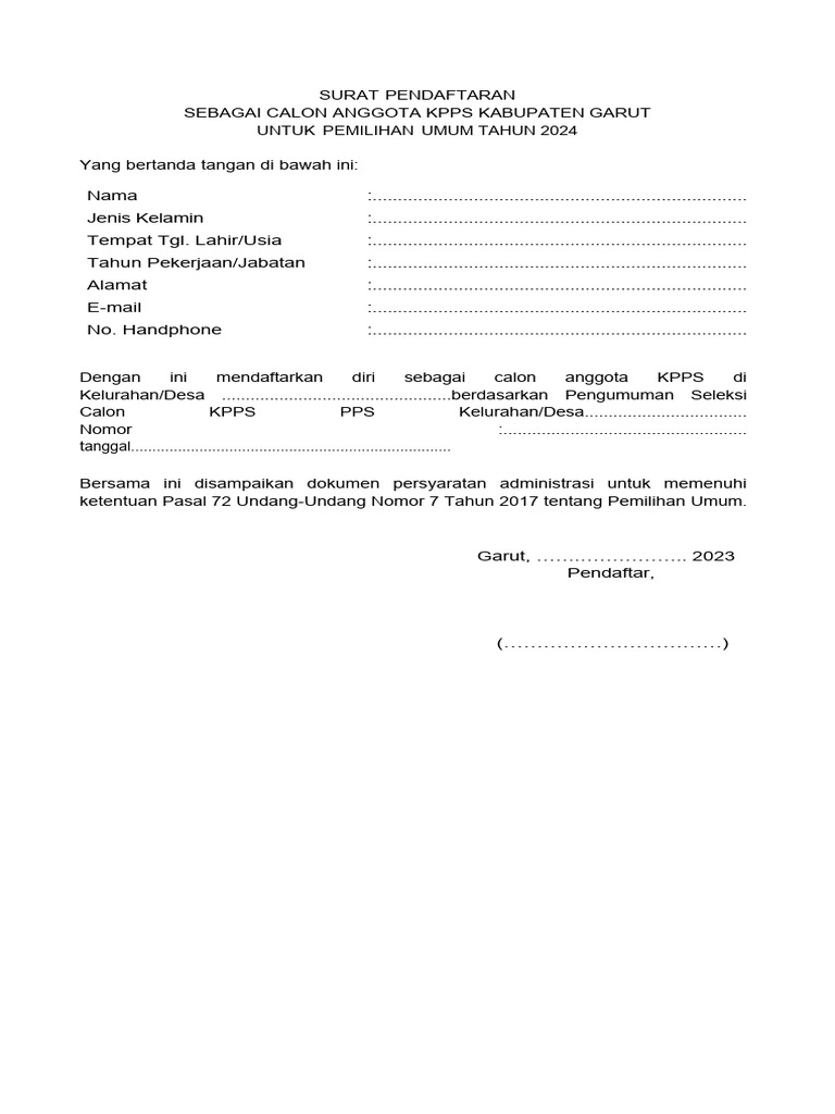 Template Pendaftaran, Pernyataan, Daftar Riwayat Hidup KPPS | PDF
