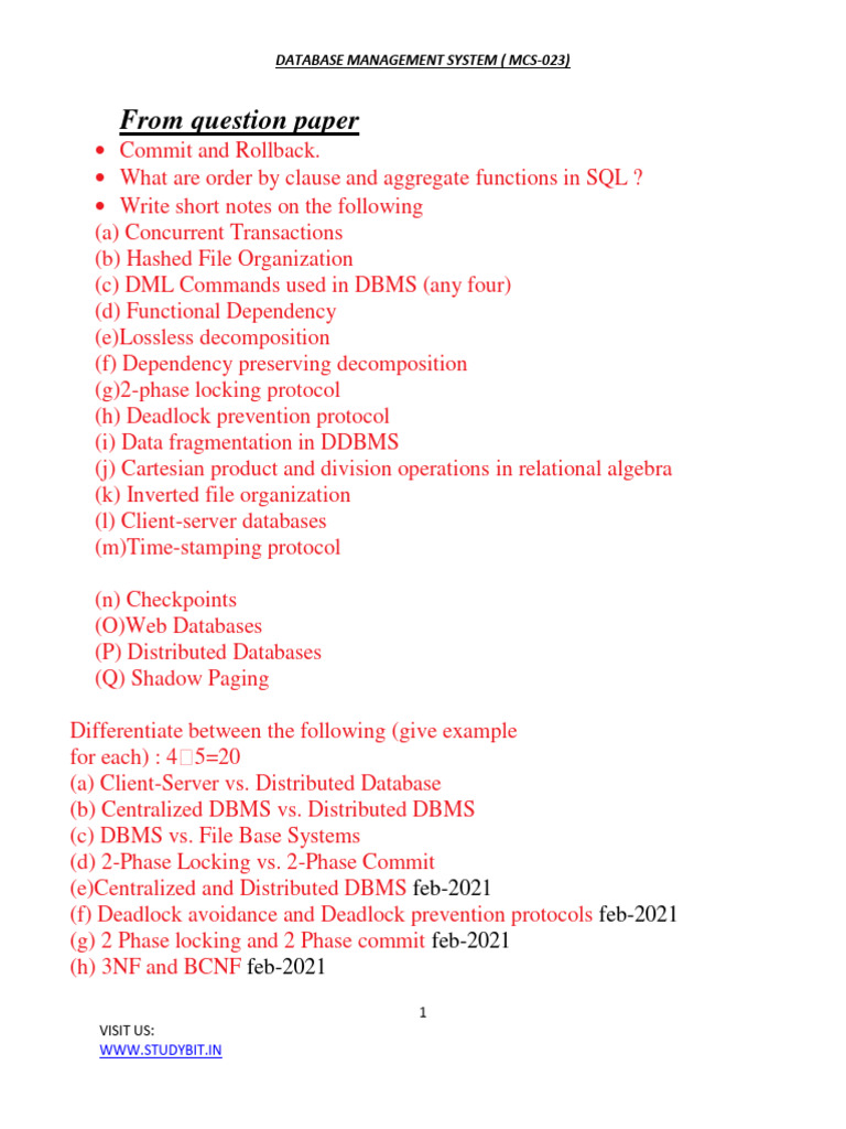 MCS-023 Importamt Question | PDF | Databases | Database Index