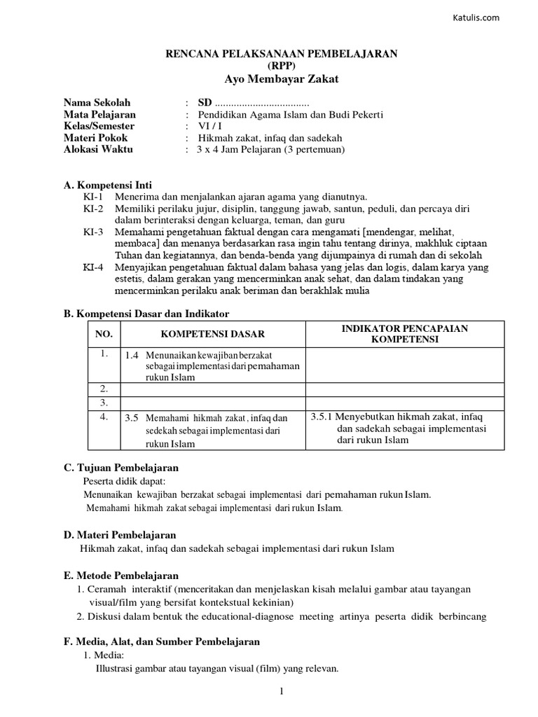 RPP PAI K13 Kelas 6 Hikmah Zakat, Infaq Dan Sadekah Materi 4 | PDF