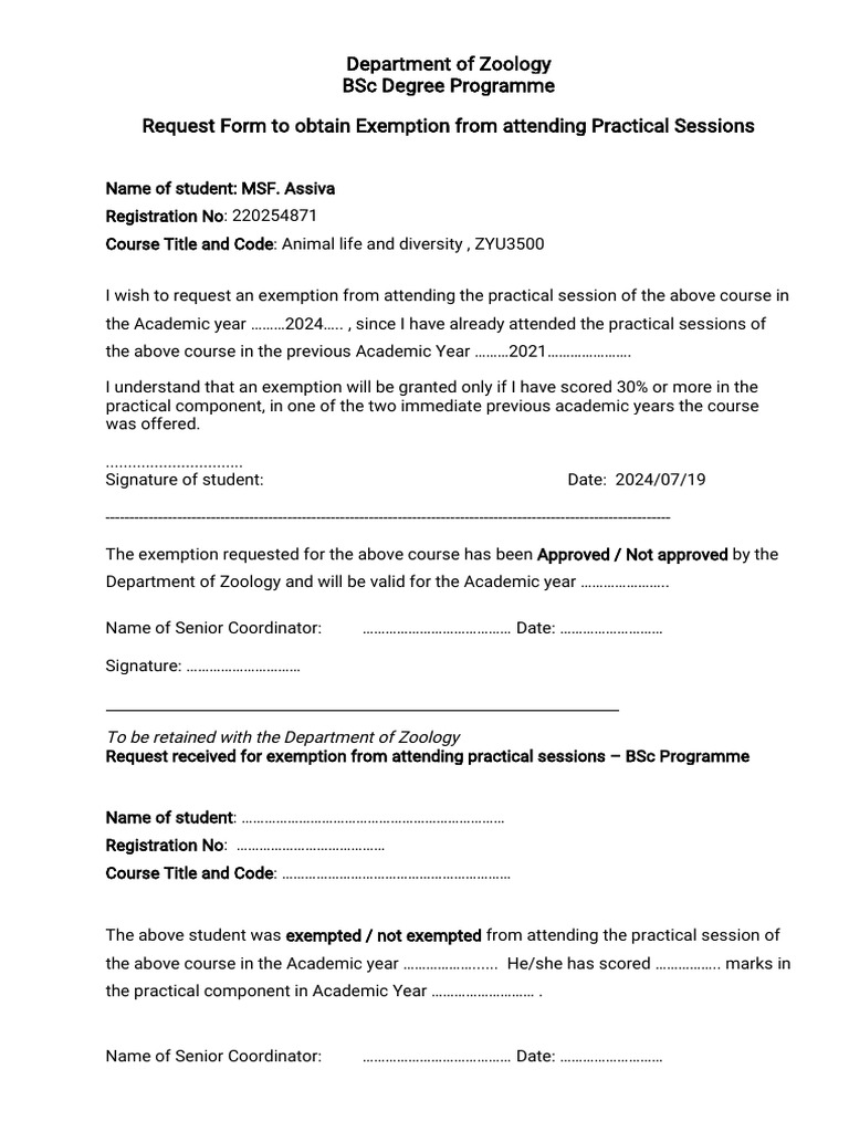 Request Form For Exemptions For Practical | PDF