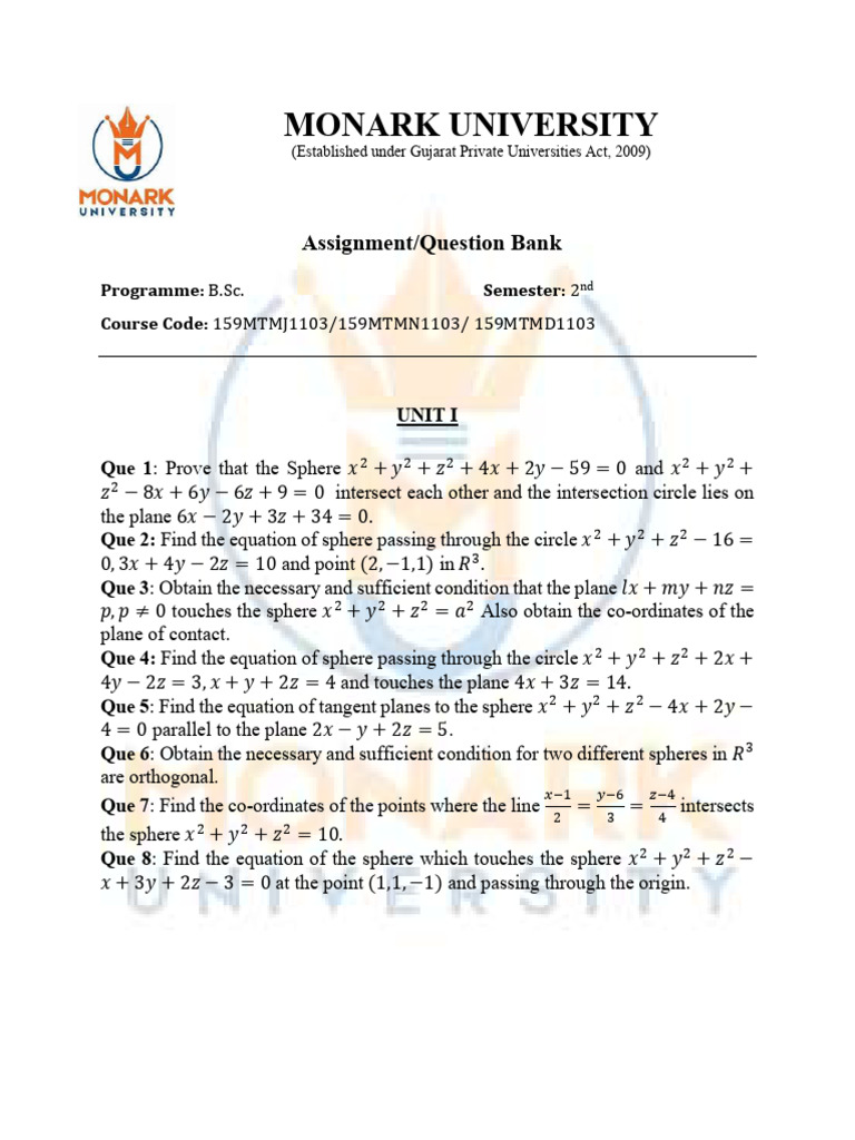 BSC Sem2 QueBank Minor Multy Major2 | PDF | Sphere | Differential Geometry