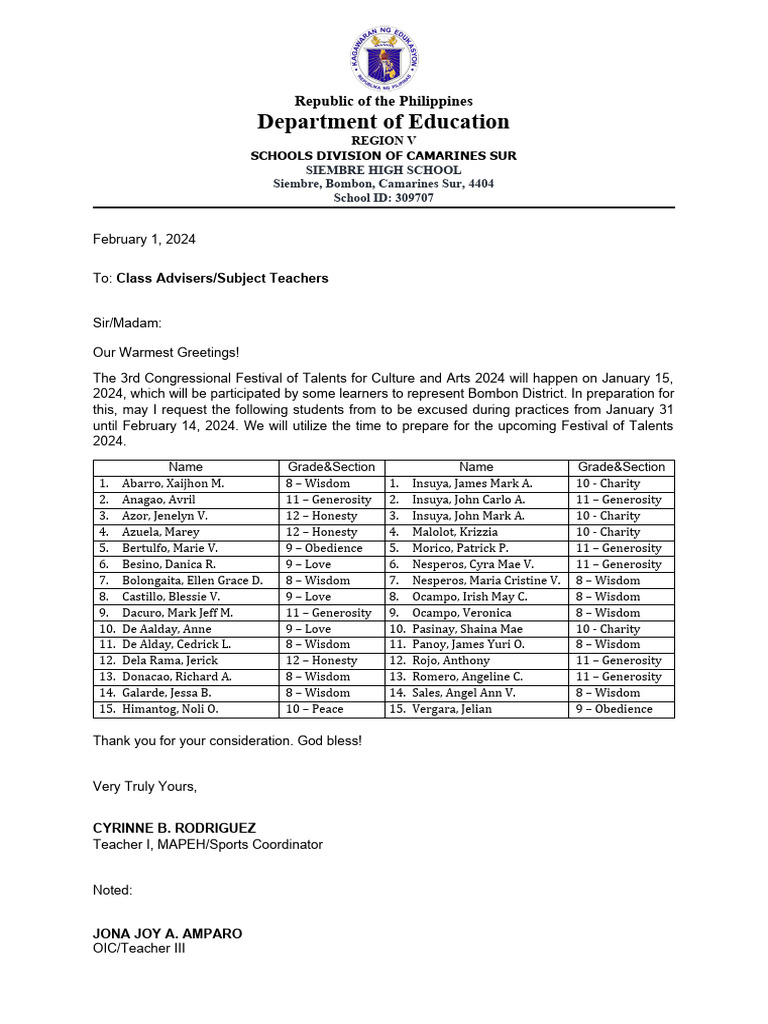 Choir excuse letter | PDF