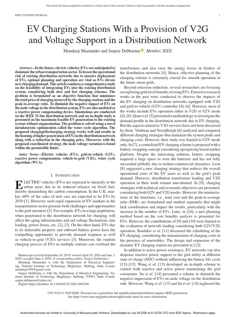 EV Charging Stations With A Provision of V2G and Voltage Support in A Distribution Network | PDF ...