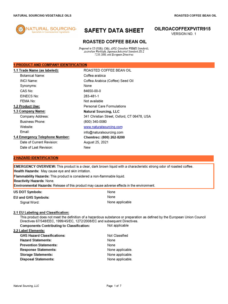 SDS Oil Coffee Bean Roasted OILROACOFFEXPVITR915 | PDF | Dangerous ...