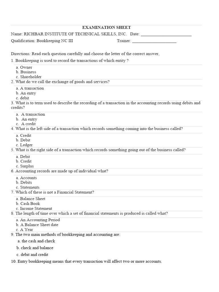 Examination Sheet | PDF | Debits And Credits | Bookkeeping