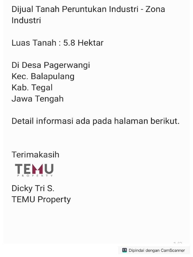 Tanah Industri 5.8HA Di Desa Pagerwangi Tegal Jawa Tengah | PDF