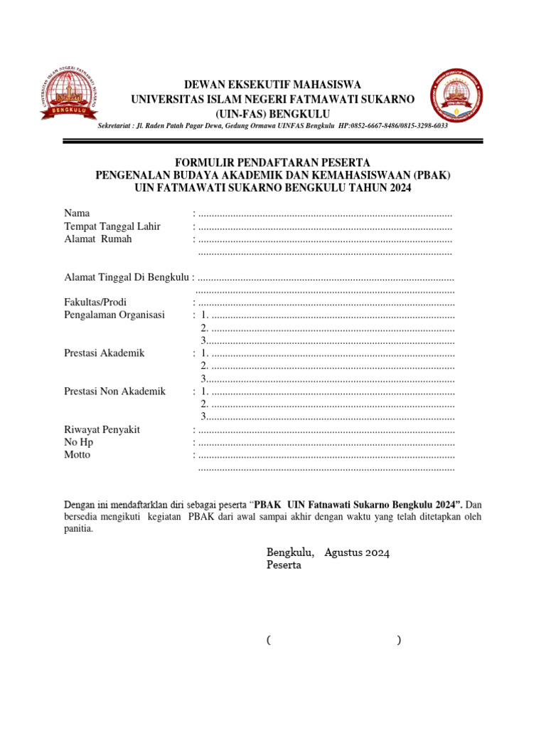 Formulir Pendaftaran Dan Surat Pernyataan Pbak 2024 | PDF