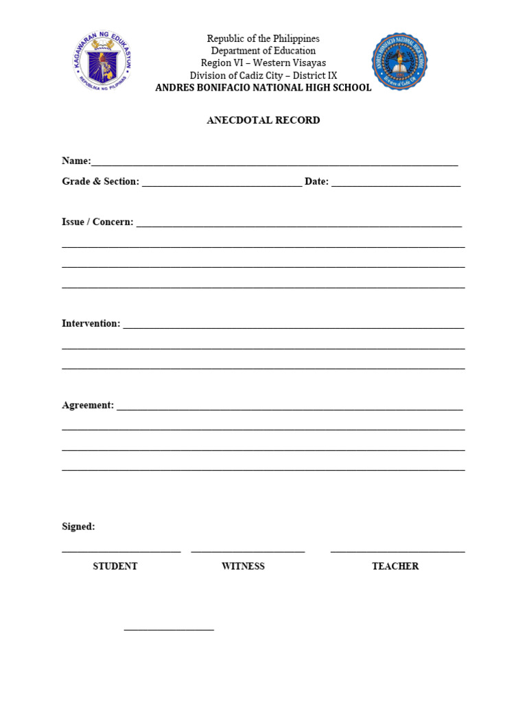 Anecdotal Record Template for Students | PDF