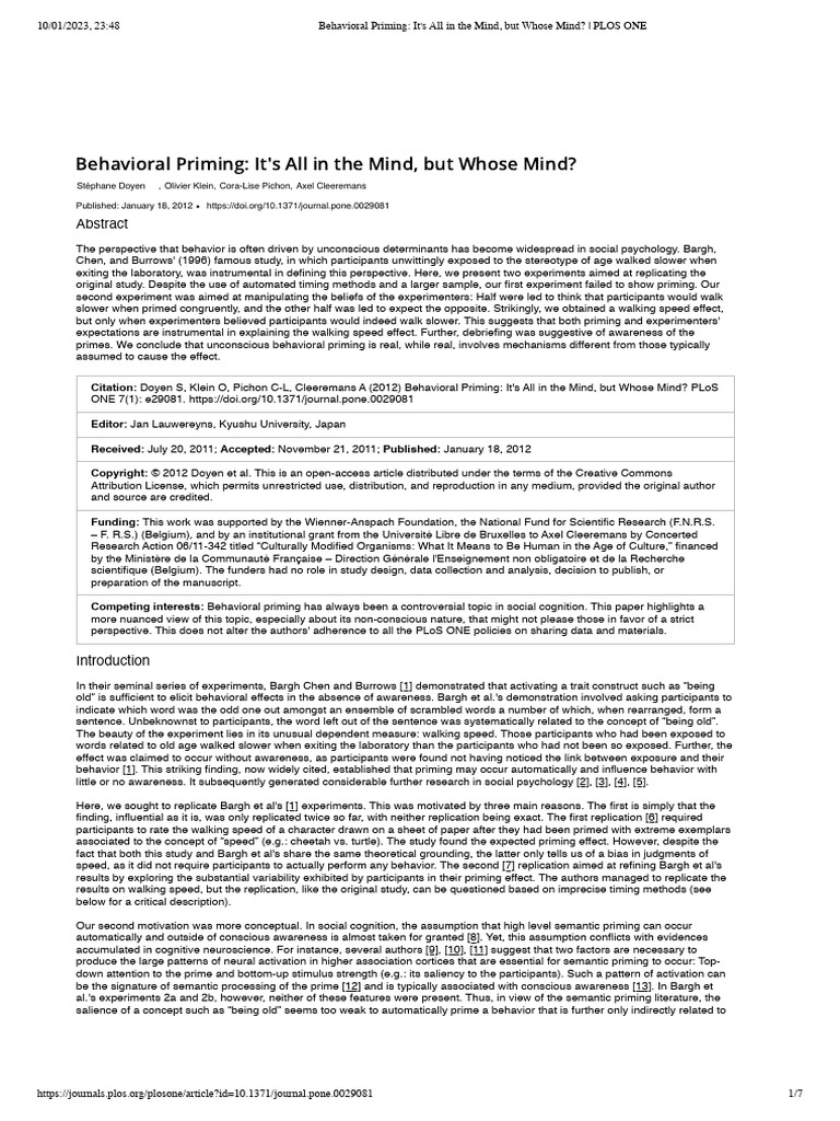 Behavioral Priming - It's All in The Mind, But Whose Mind - PLOS ONE | PDF | Priming (Psychology ...