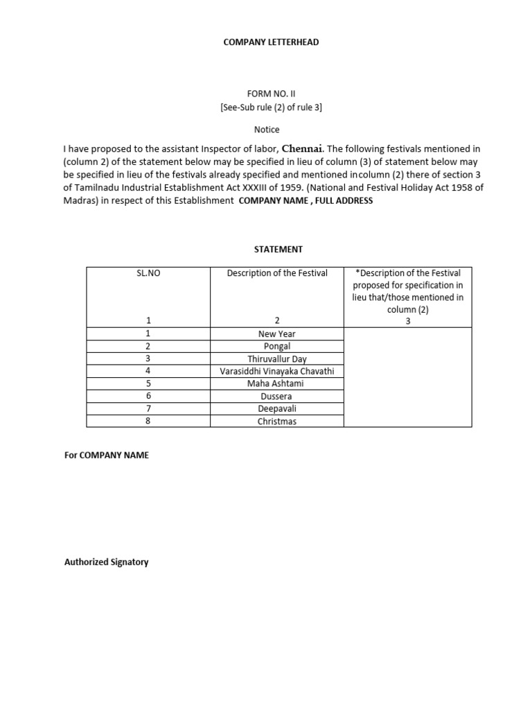 TAMIL NADU - Holiday List - Form II | PDF