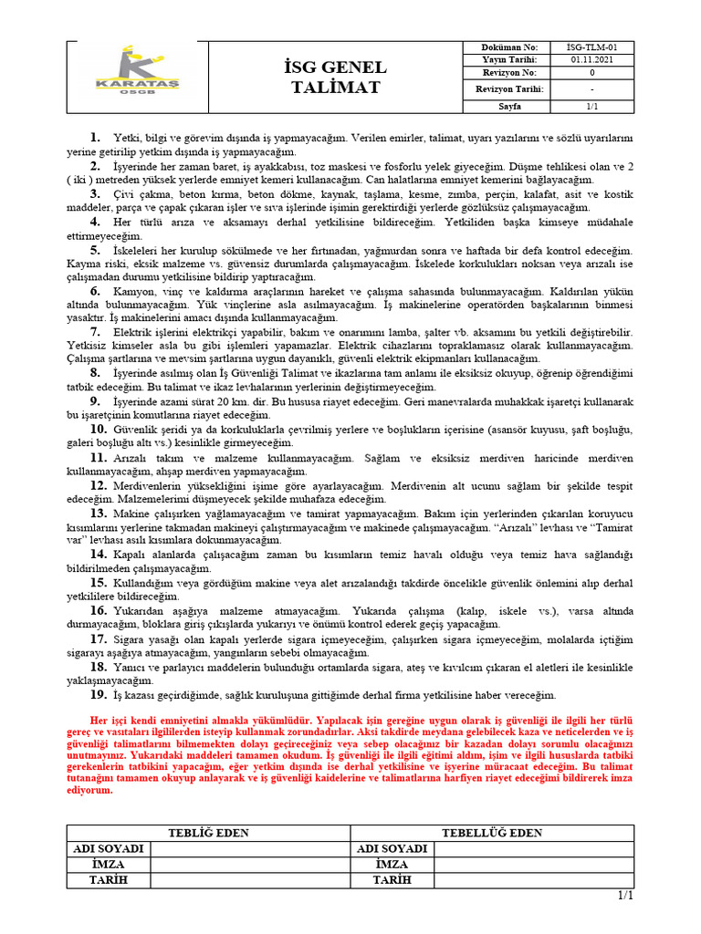 İSG-TLM-01 İSG Genel Talimat | PDF
