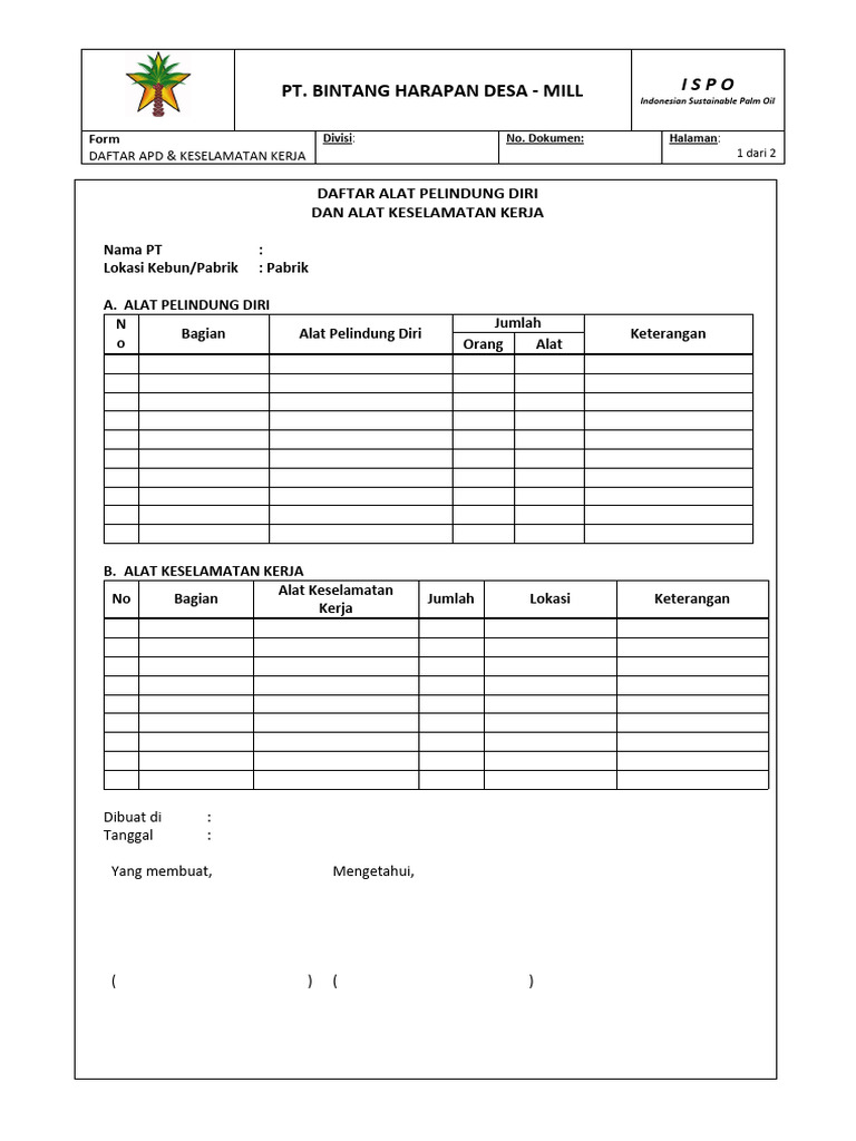 Form Daftar APD & Alat K3 - Pabrik | PDF