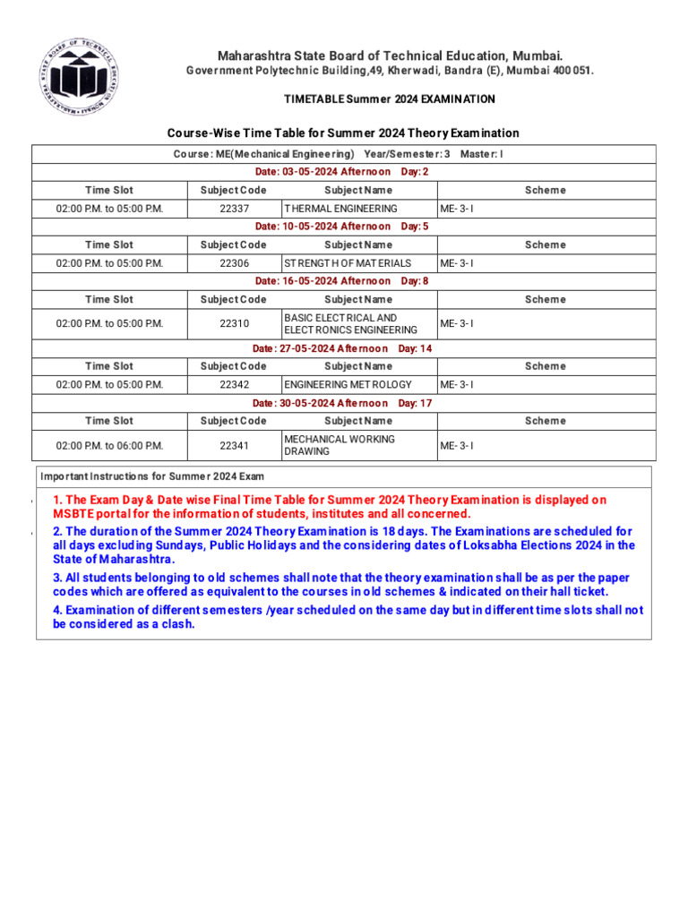 Time Table For Summer 2024 Theory Examination | PDF | Technology ...