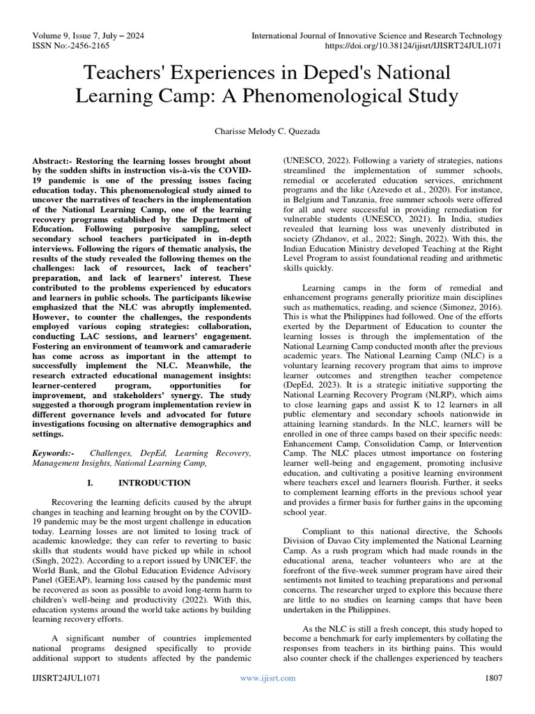 Teachers' Experiences in Deped's National Learning Camp: A Phenomenological Study | PDF ...