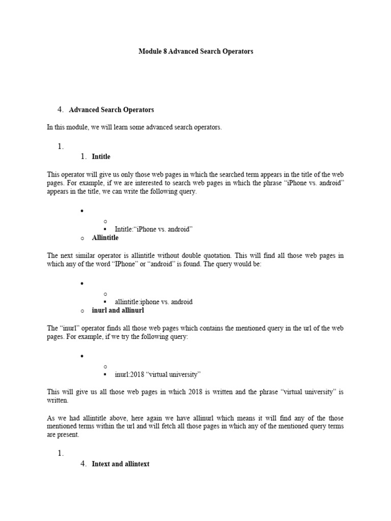 Module 8 Advanced Search Operators | PDF | World Wide Web | Internet & Web Module 8 Advanced Search Operators | PDF | World Wide Web | Internet & Web