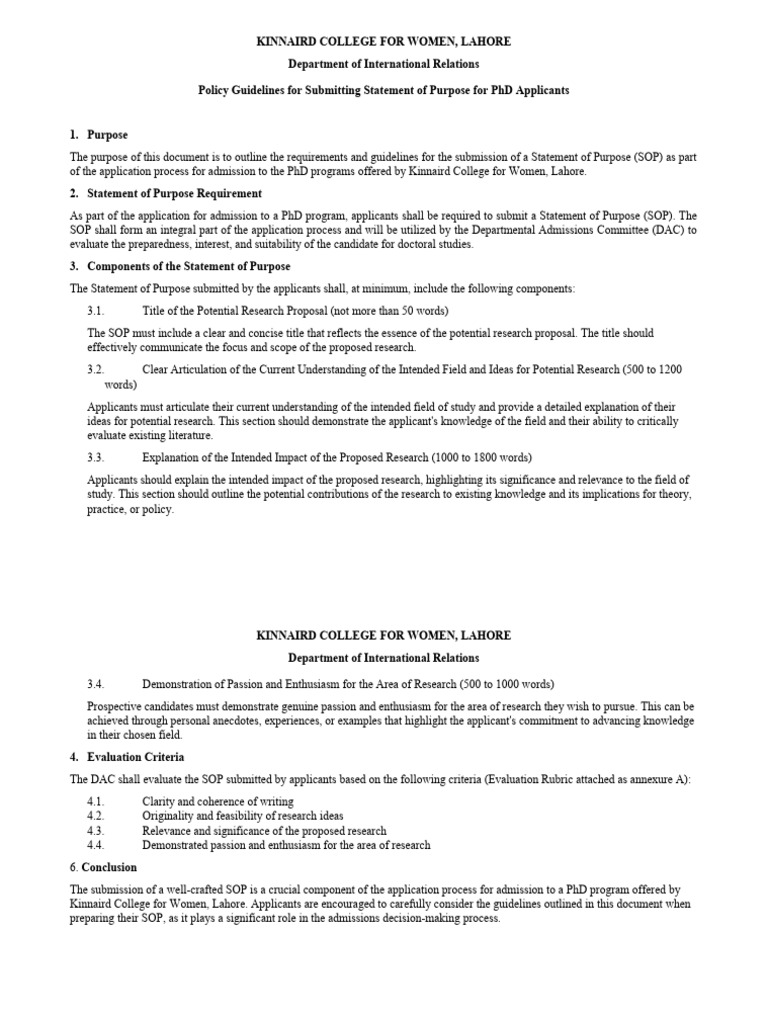 Policy Guidelines For Submitting Statement of Purpose For PHD ...