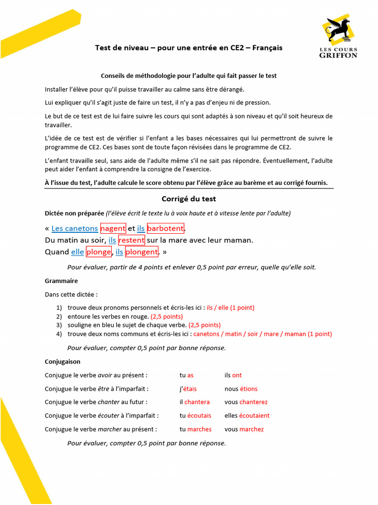Test de Niveau Francais entreeCE2 Corrige | PDF | Linguistique