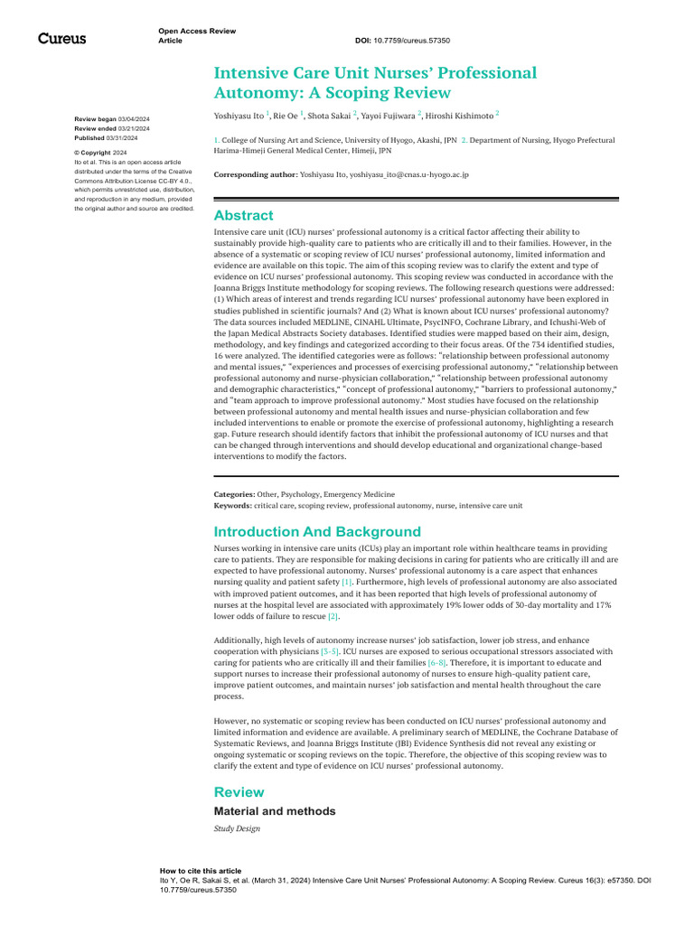 Intensive Care Unit Nurses Professional Autonomy | PDF | Systematic ...
