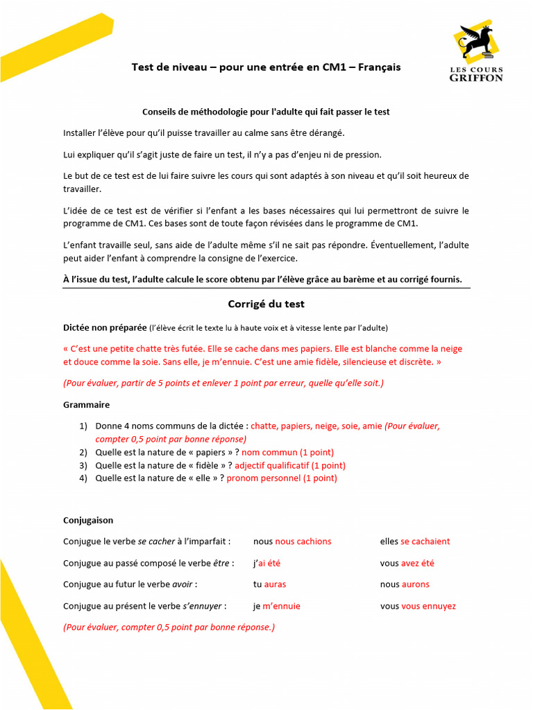 Test de niveau Français CM1 | PDF | Verbe | Linguistique