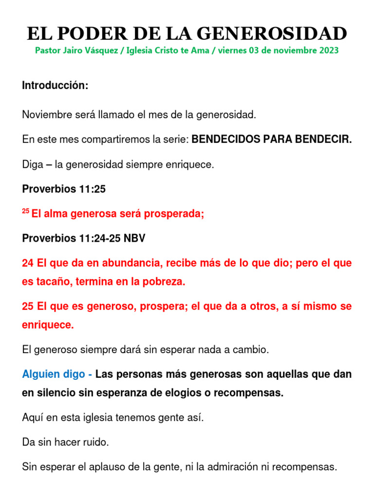 El Poder de La Generosidad - Viernes 3 de Noviembre 2023. | PDF ...