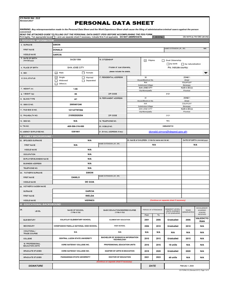 CS Form No. 212 Personal Data Sheet Revised | PDF | Educational Technology