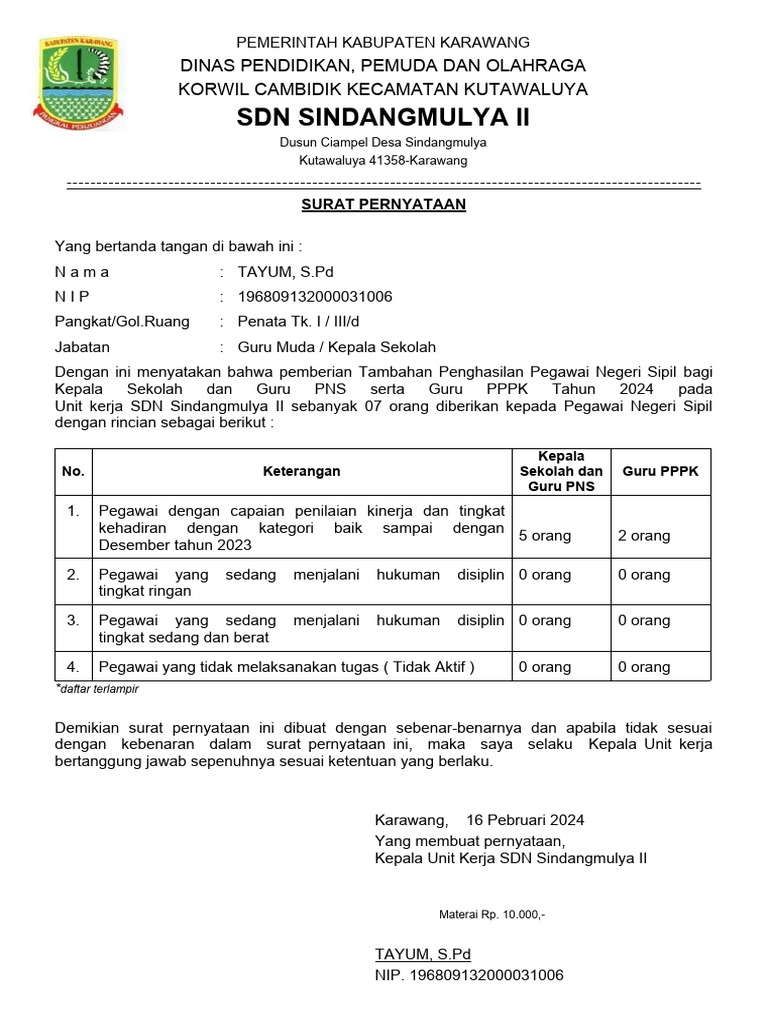 Surat Pernyataan TPP 2024 - Sekolah | PDF