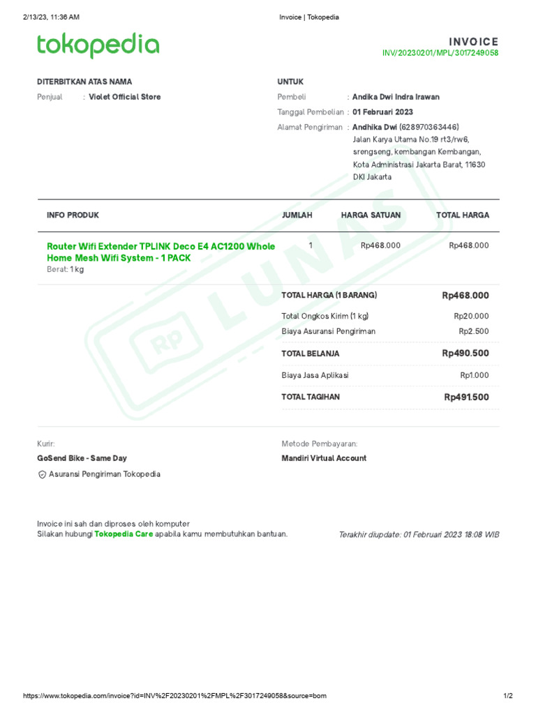 Invoice Pembelian Router di Tokopedia | PDF