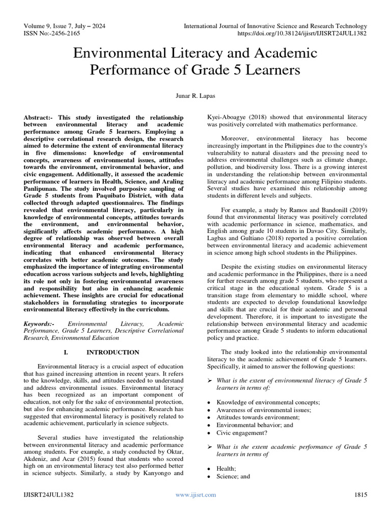 Environmental Literacy's Impact on Grade 5 Performance | PDF | Literacy ...