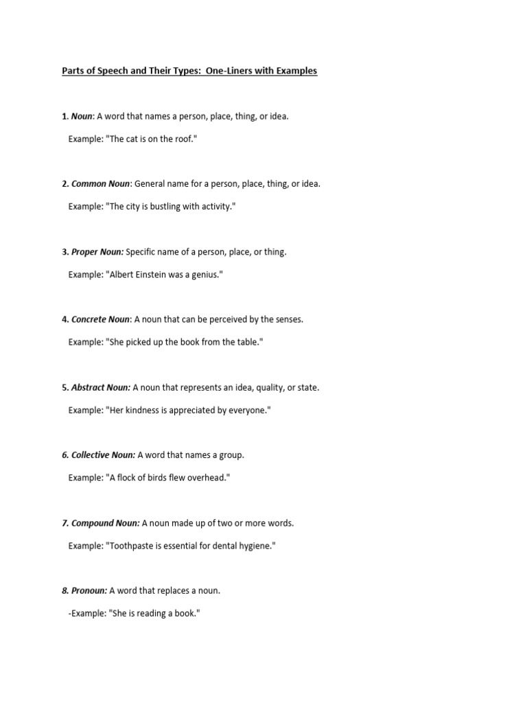Parts of Speech: One-Liner Examples | PDF | Verb | Adjective