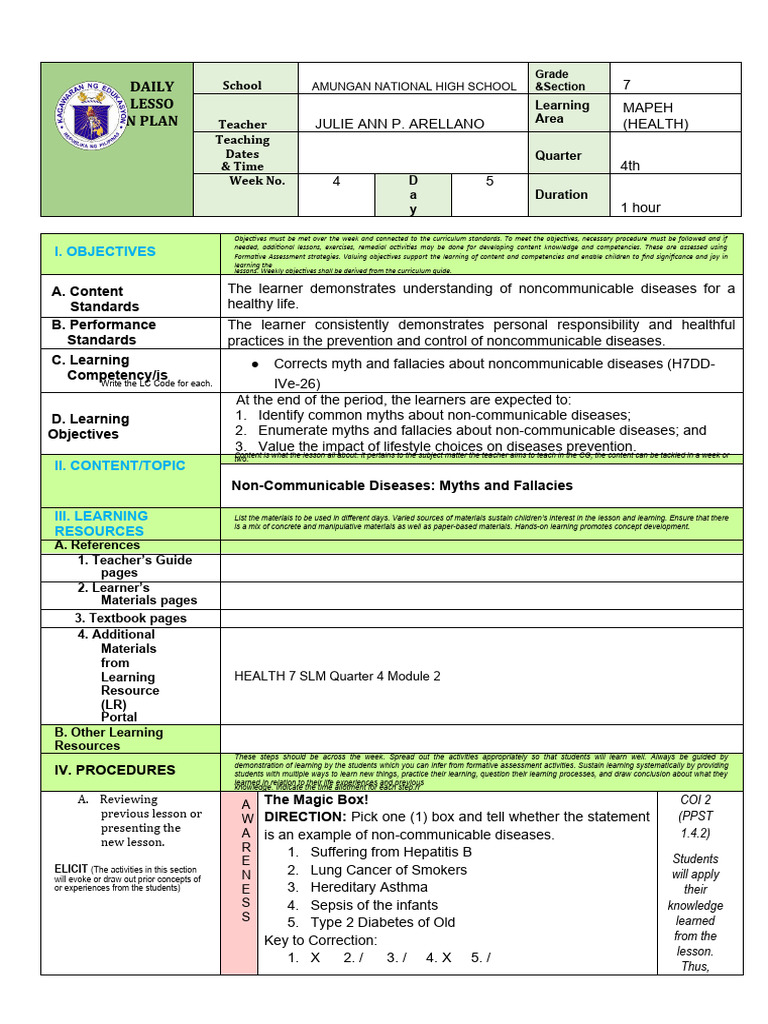 Q4-COT-LP-HEALTH7 (Non-Communicable Diseases Myths and Fallacies) | PDF | Non Communicable ...