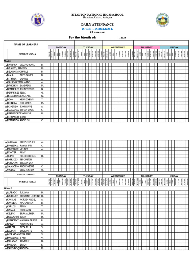 Grade 7 Daily Attendance Record | PDF