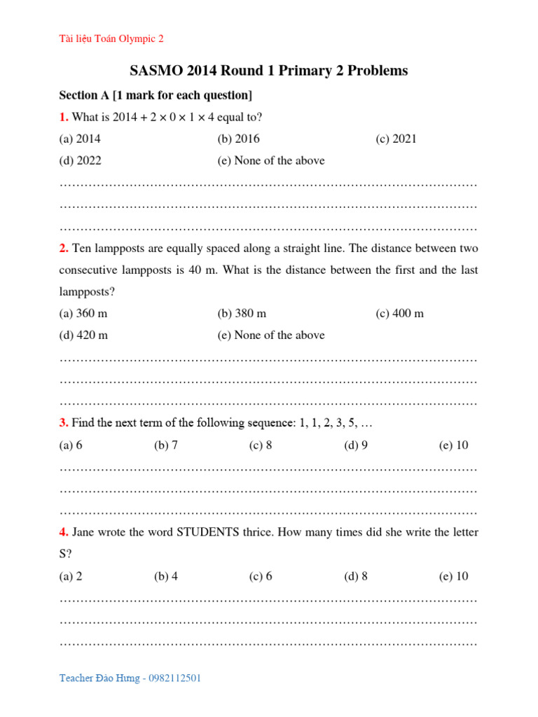 SASMO 2014 Primary 2 - PhieuBT | PDF | Mathematics