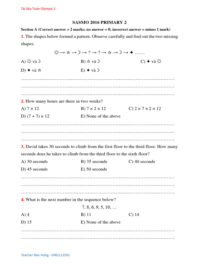SASMO 2016 Primary 2 - PhieuBT | PDF | Home & Garden