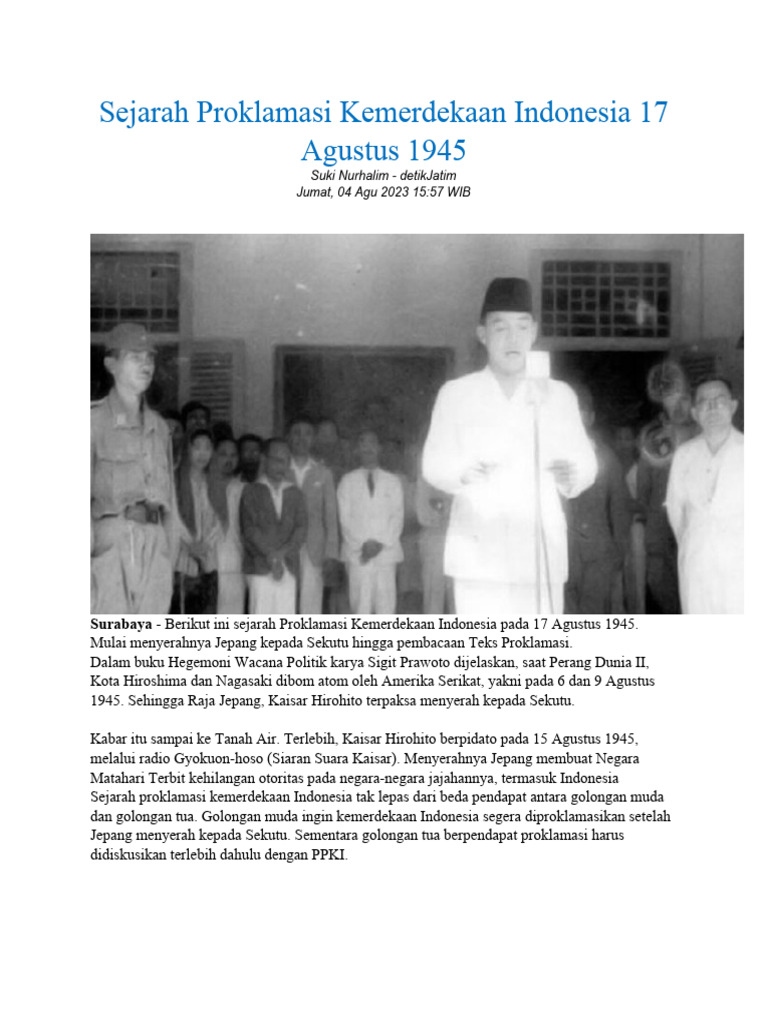 Sejarah Proklamasi Kemerdekaan Indonesia 17 Agustus 1945 | PDF
