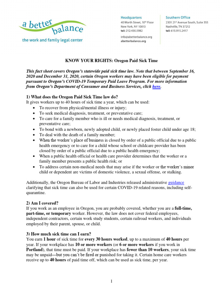 Oregon Paid Sick Time Rights Explained | PDF | Sick Leave | Employment