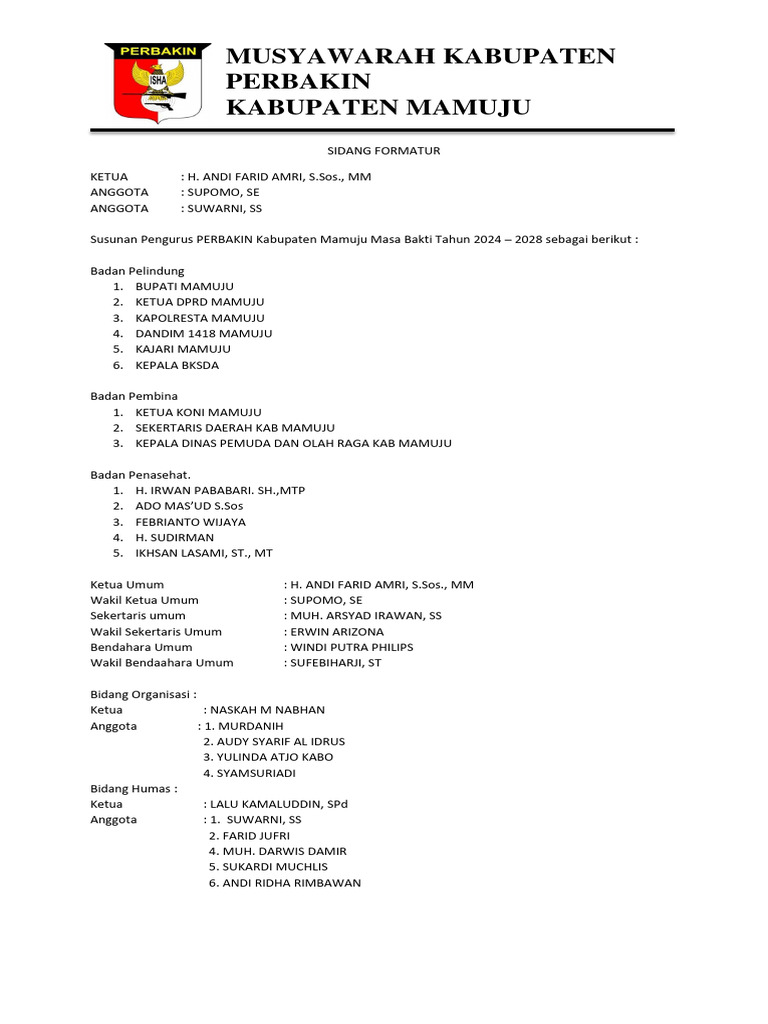 Susunan Pengurus Perbakin Mamuju Masa Bakti 2024-2028 | PDF