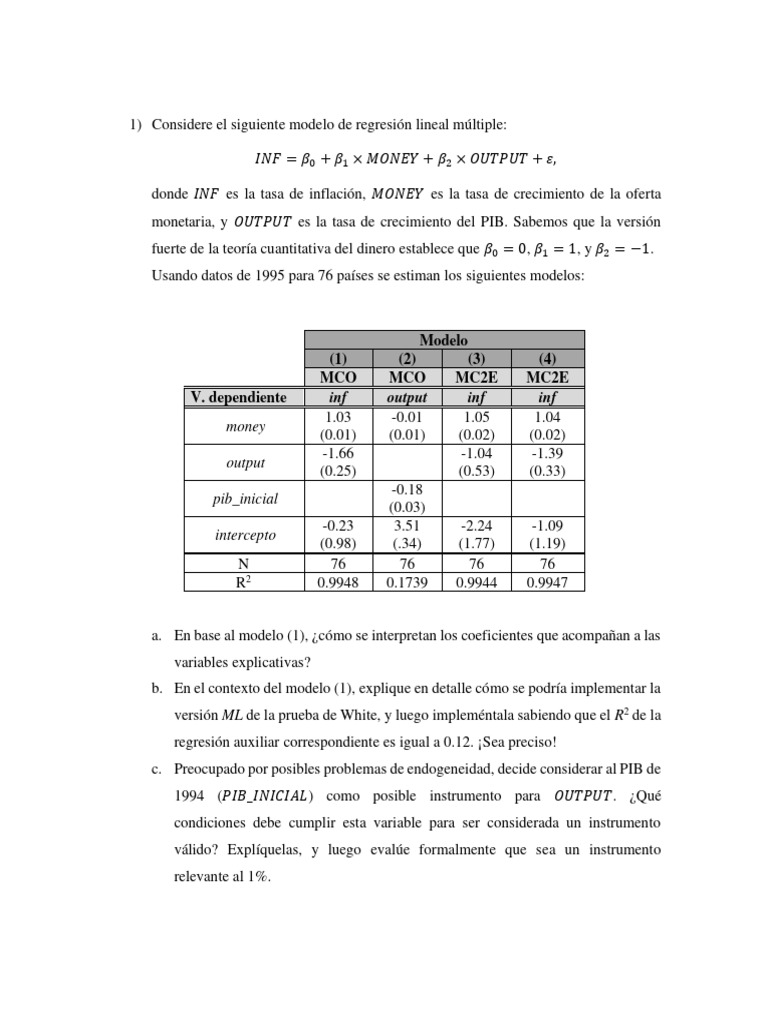 Guía de Ejercicios - Examen | PDF | Mínimos cuadrados ordinarios | Análisis de regresión