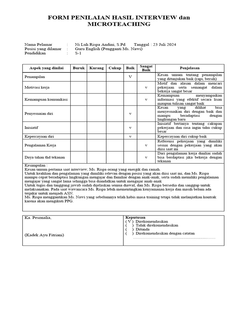 Form Penilaian Hasil Interview | PDF