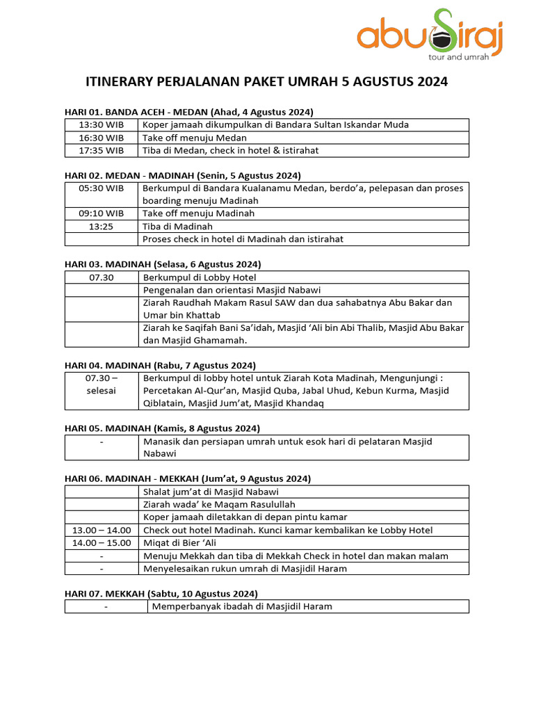 Itinerary Umrah 2024: Banda Aceh ke Mekkah | PDF