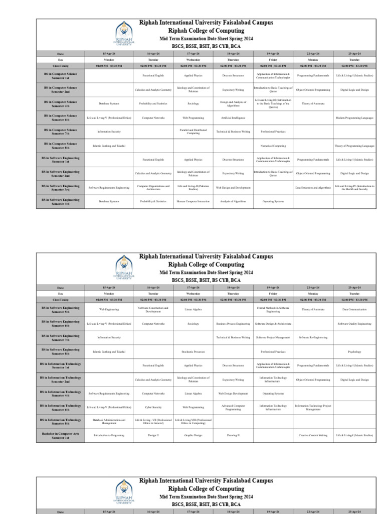 Mid Term Examination Date Sheet Spring 2024 | PDF | Computer Science | Engineering
