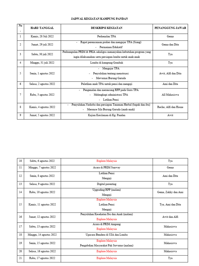 Jadwal Kegiatan KKN Kg. Pandan 2022 | PDF