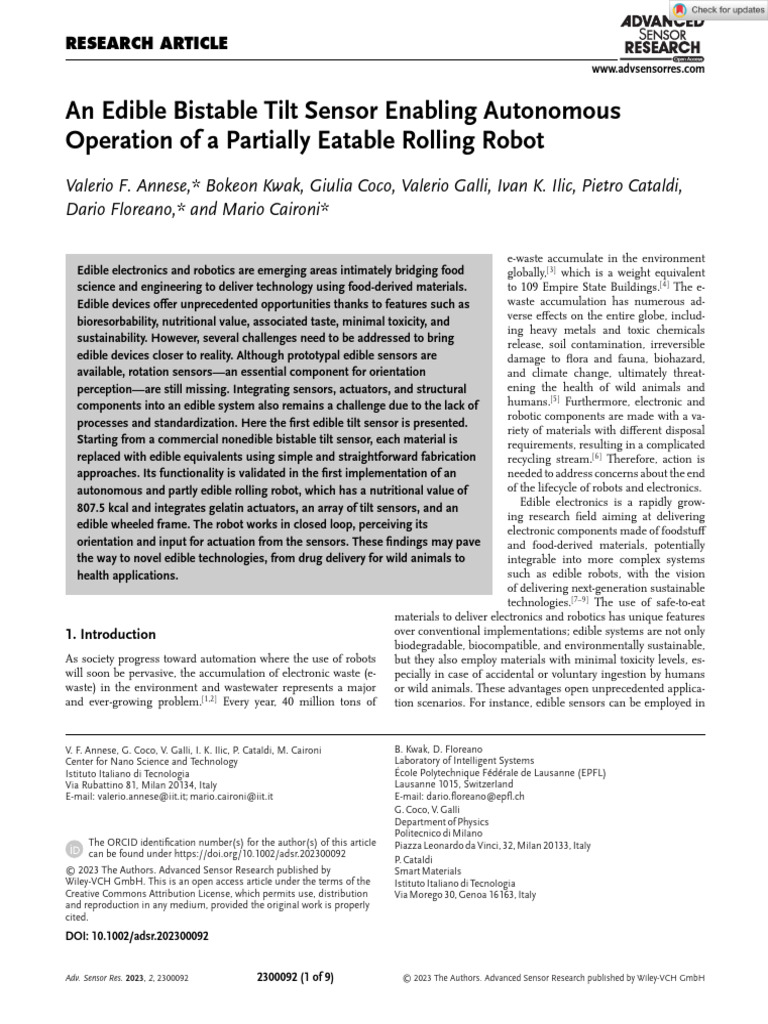 Advanced Sensor Research - 2023 - Annese - An Edible Bistable Tilt ...
