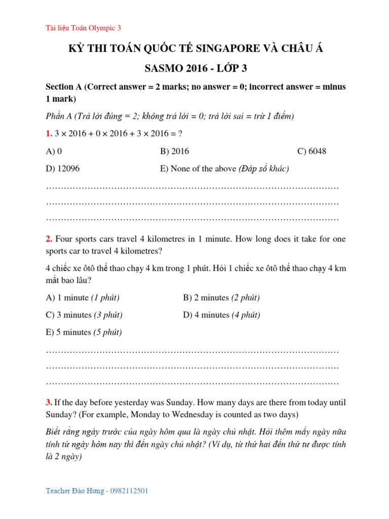 SASMO Primary 3 2016 - PhieuBT | PDF
