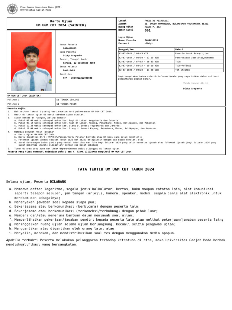 Kartu Ujian UM UGM CBT 2024 | PDF