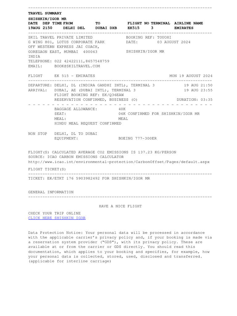 Travel Summary: Shishkin/Igor MR TO Flight No Terminal Airline Name ...