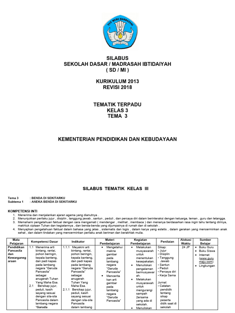 Silabus Tematik Kelas 3 SD | PDF