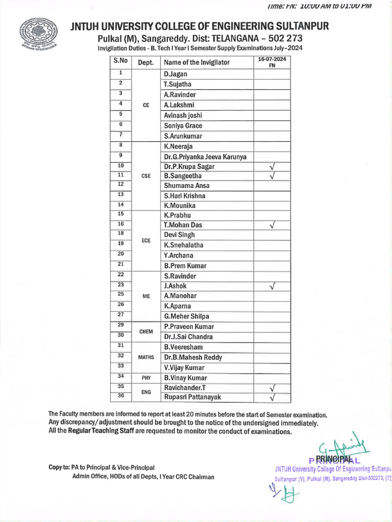 Invigilation Duties - B. Tech I Year I Semester Supply Exams July ...