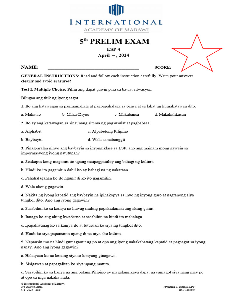 G4 ESP 5th Prelim | PDF